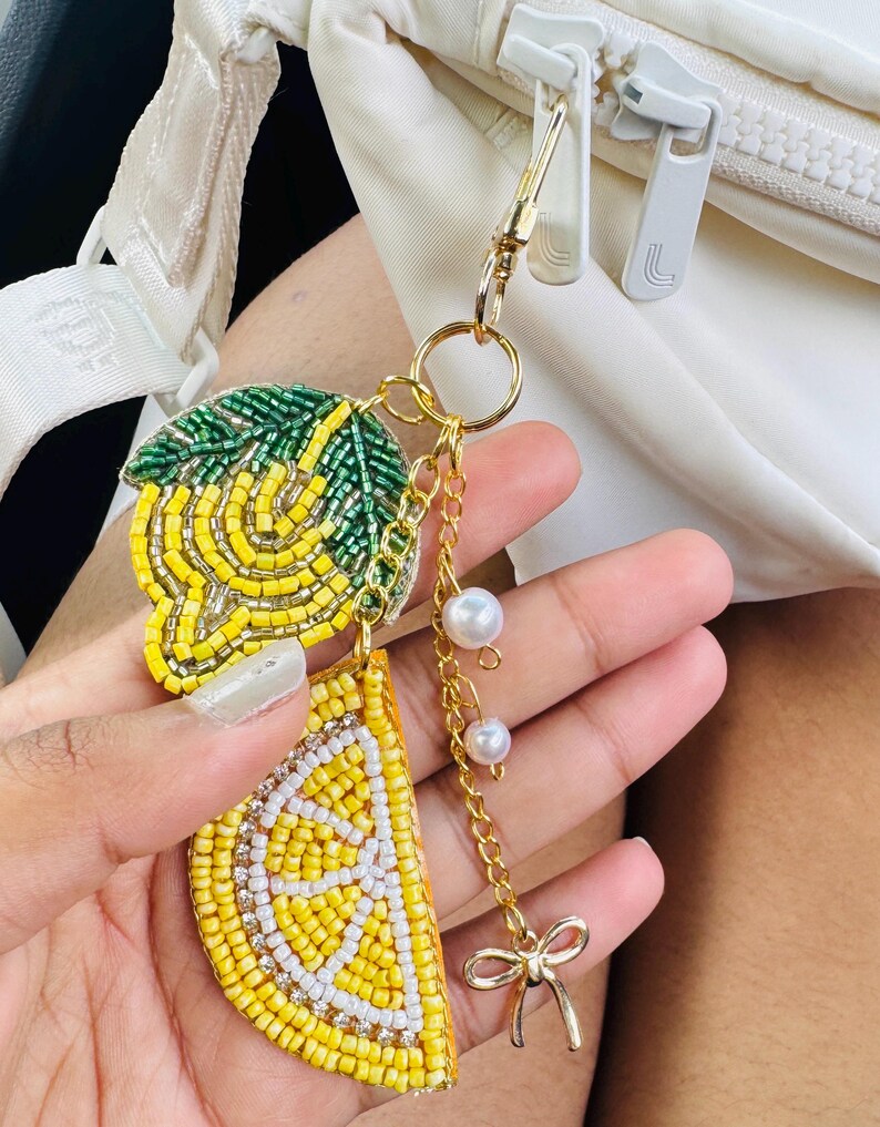 Beaded Lemon Bag Charm: Handmade Citrus Purse Accessory Earrings - Etsy