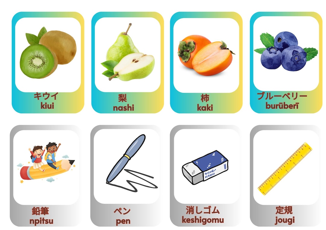 Japanese Vocabulary Flashcards Animals, Fruits, School Supplies Learn ...