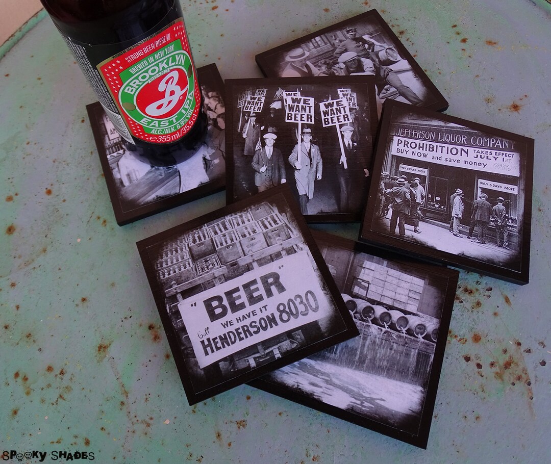 Prohibition Coasters - Set of 6 Wooden Coasters - Black and White Beer ...