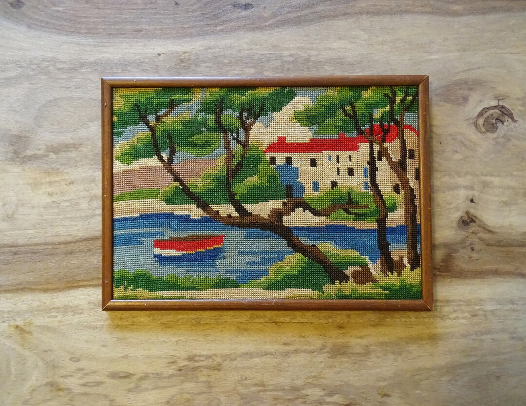 Vintage Needlepoint Landscape Framed in Wooden Frame Umbrella Pine ...