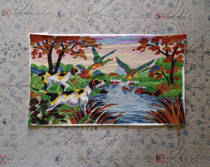 UNFINISHED Vintage Needlepoint Tapestry of a Hunting Scene - Ducks and ...