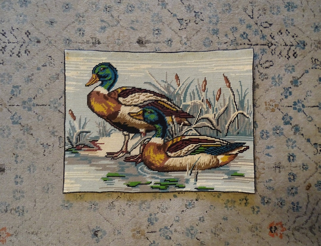 Vintage Needlepoint Representing a Pair of Mallard Ducks by a Lake ...