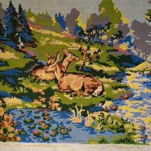 Large Vintage Deer Family Finished Needlepoint Tapestry - Spring ...