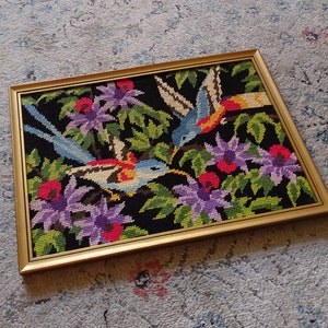 Vintage Finished Needlepoint Canvas Tapestry of a Hummingbird Couple ...