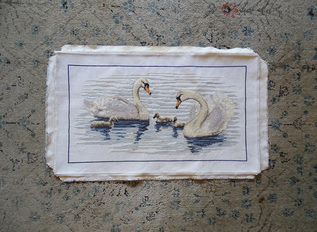 Vintage Cross Stich Tapestry Depicting a Swan Family - Swans, Cygnets ...