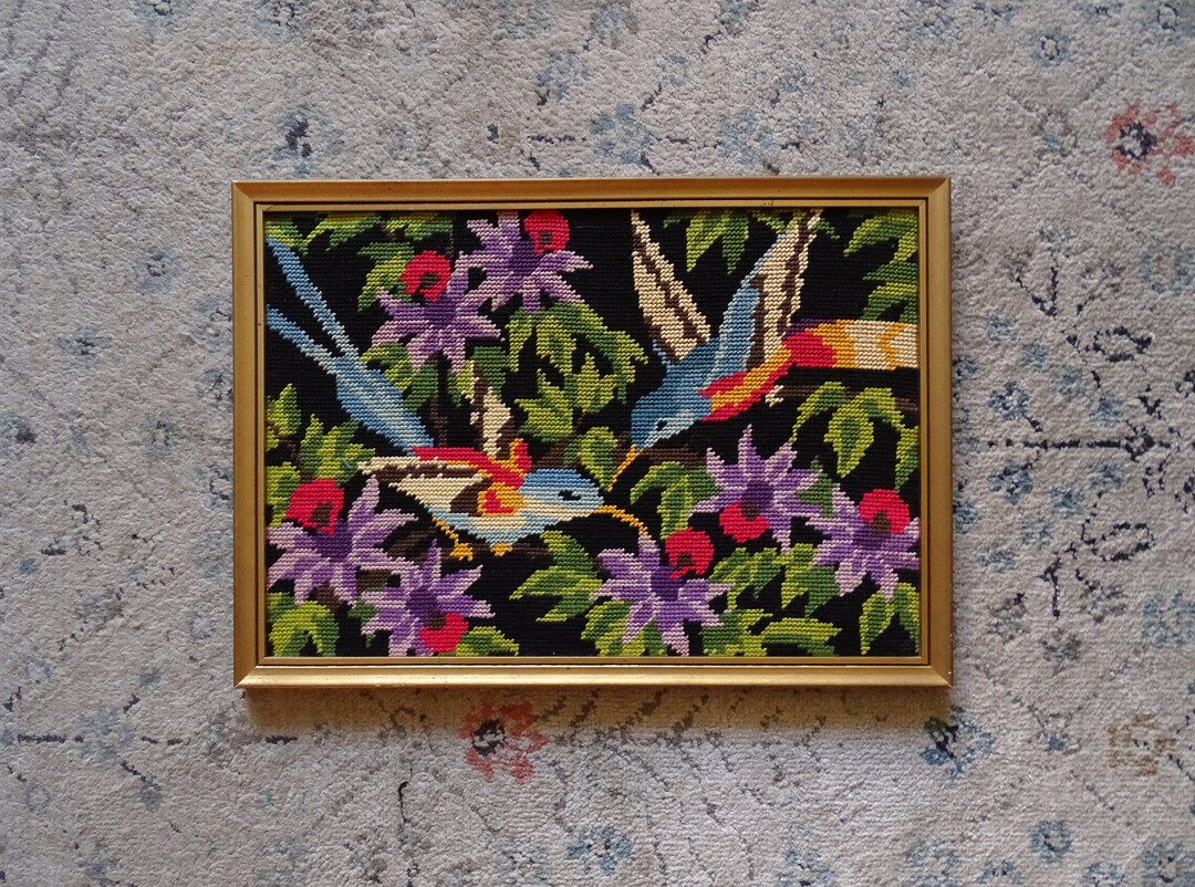 Vintage Finished Needlepoint Canvas Tapestry of a Hummingbird Couple ...