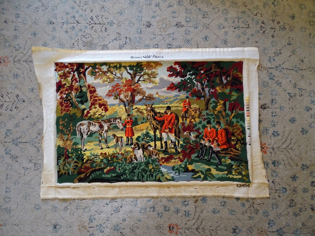 Hunting Scene Vintage Finished Needlepoint Tapestry Hunt With Horses ...