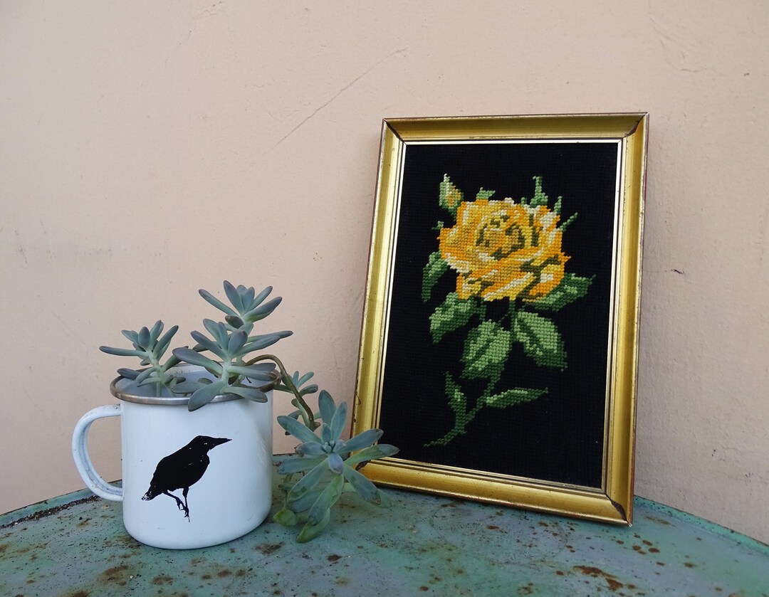 Yellow Rose Vintage Needlepoint Tapestry - Small Gilt Frame, Gilded ...