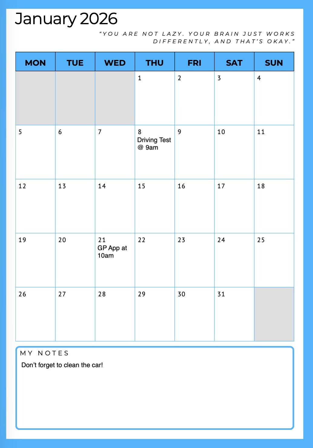 2026 Calendar (digital PDF) Adhd-friendly - Etsy