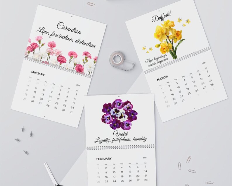 Birth Flower Wall Calendar 2026, Monthly Birth Flowers Floral Calendar ...