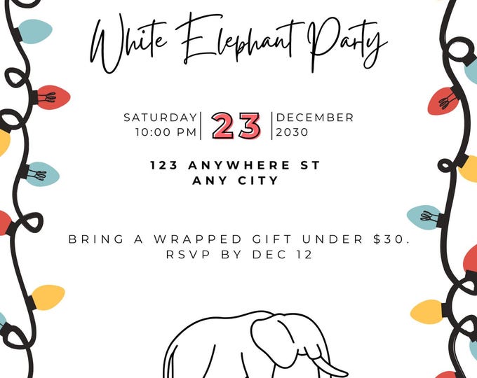 Editable White Elephant Party Invitation, Holiday Gift Exchange ...