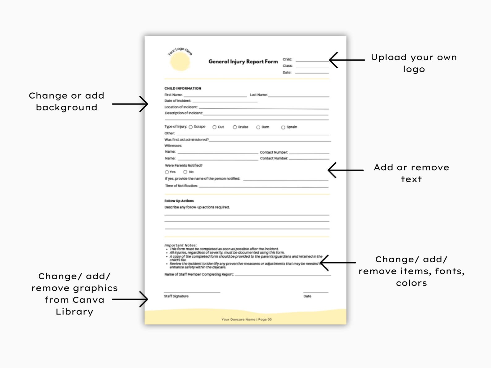 School Health and Injury Forms, Daycare Ouch Report, Sick Day, First ...