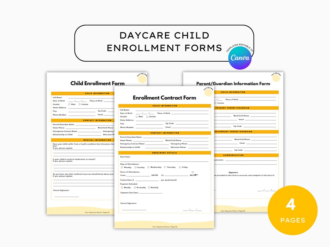 Daycare Enrollment Forms, Editable Registration Templates, Sign-up,easy ...