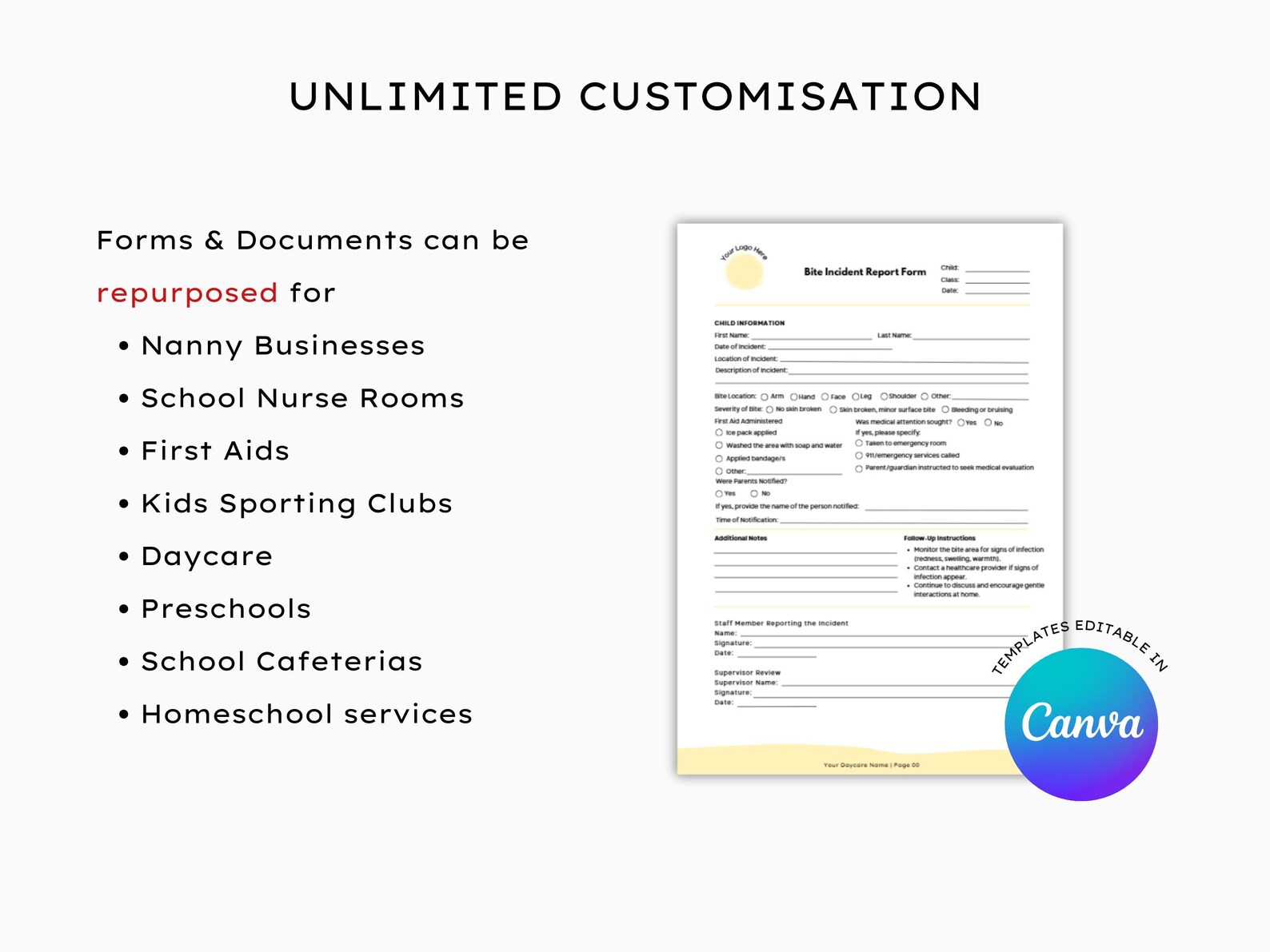 School Health and Injury Forms, Daycare Ouch Report, Sick Day, First ...
