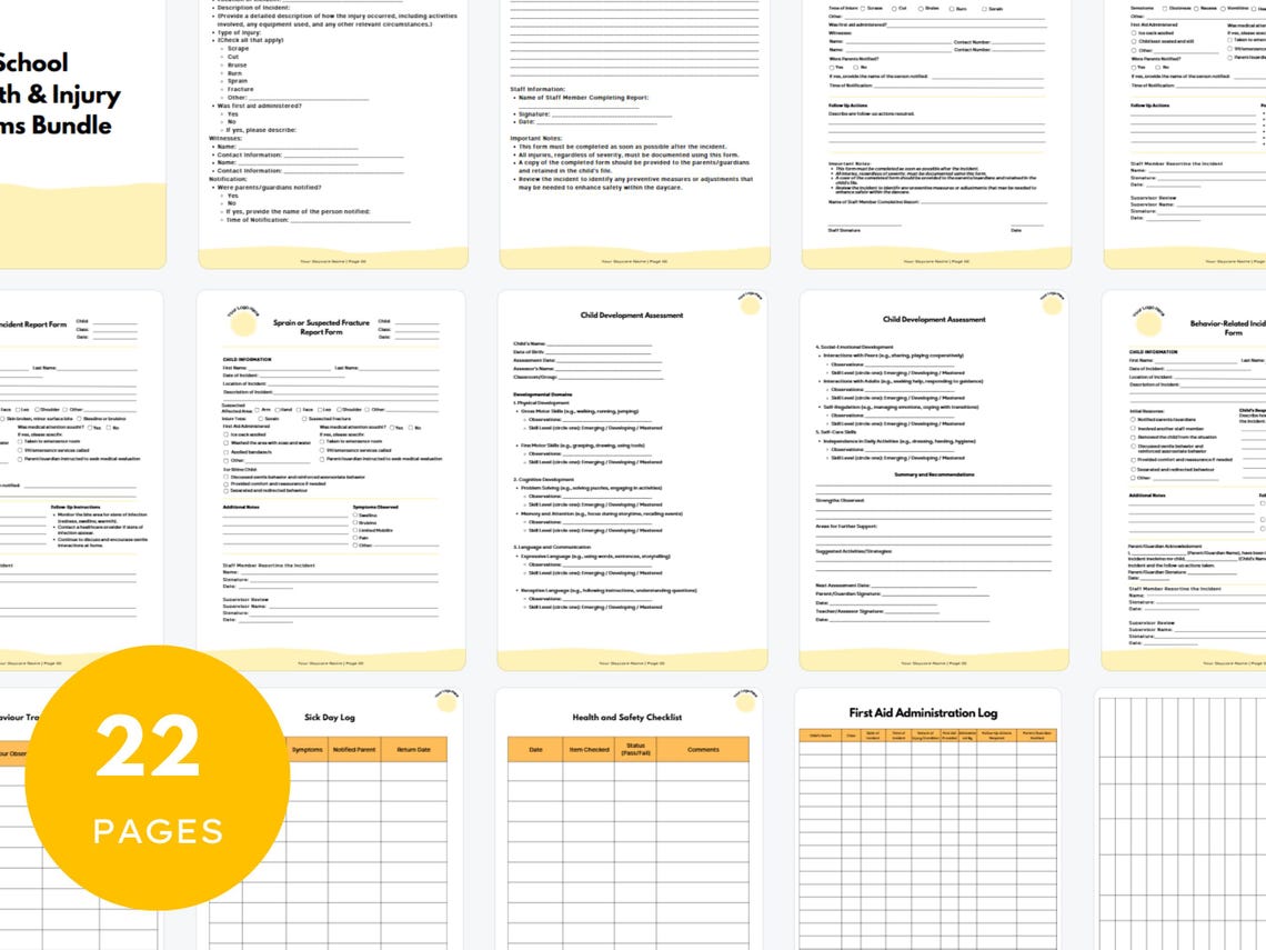 School Health and Injury Forms, Daycare Ouch Report, Sick Day, First ...