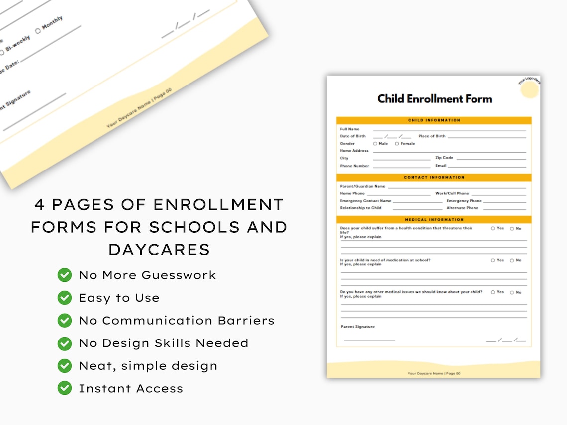Daycare Enrollment Forms, Editable Registration Templates, Sign-up,easy ...