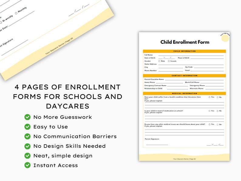 Daycare Enrollment Forms, Editable Registration Templates, Sign-up,easy ...