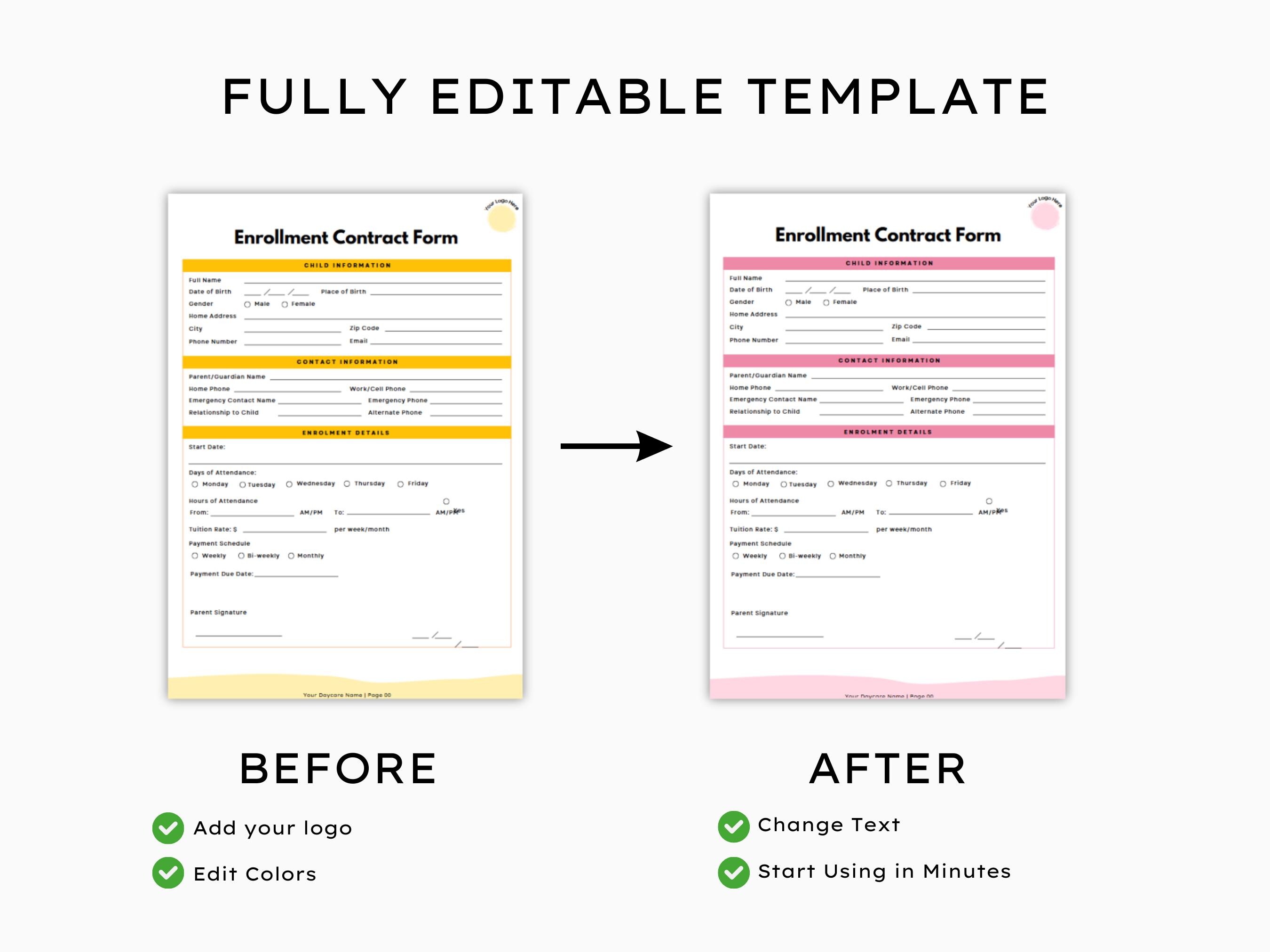 Daycare Enrollment Forms, Editable Registration Templates, Sign-up,easy ...