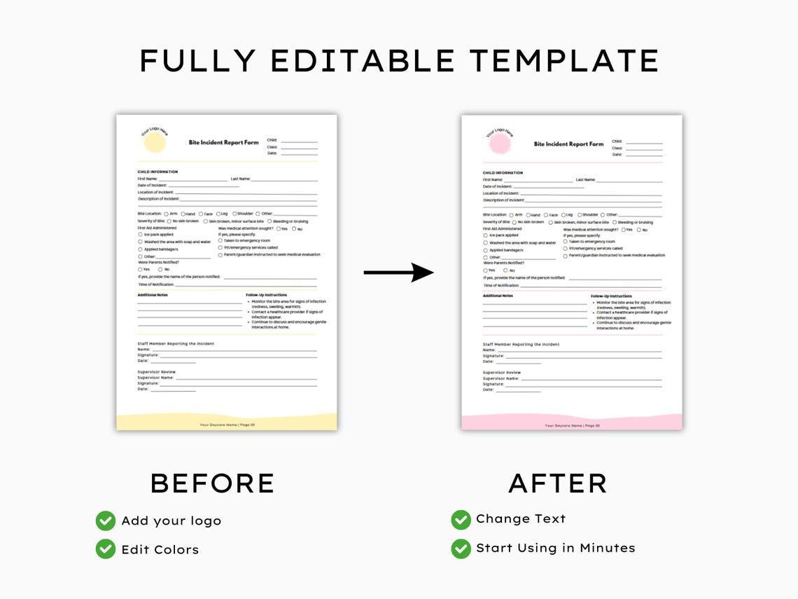 School Health and Injury Forms, Daycare Ouch Report, Sick Day, First ...