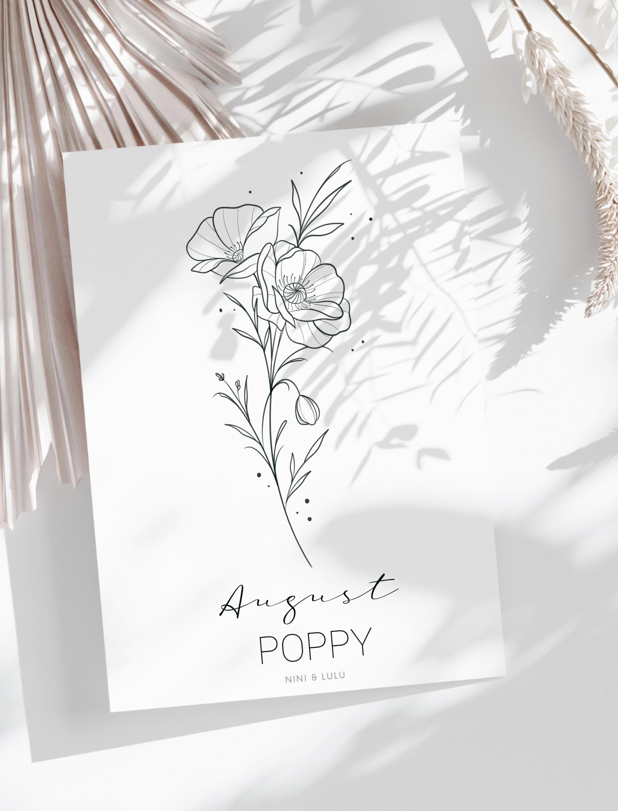 Poppy Tattoo Design: August Birth Flower Fine Line Art (digital ...