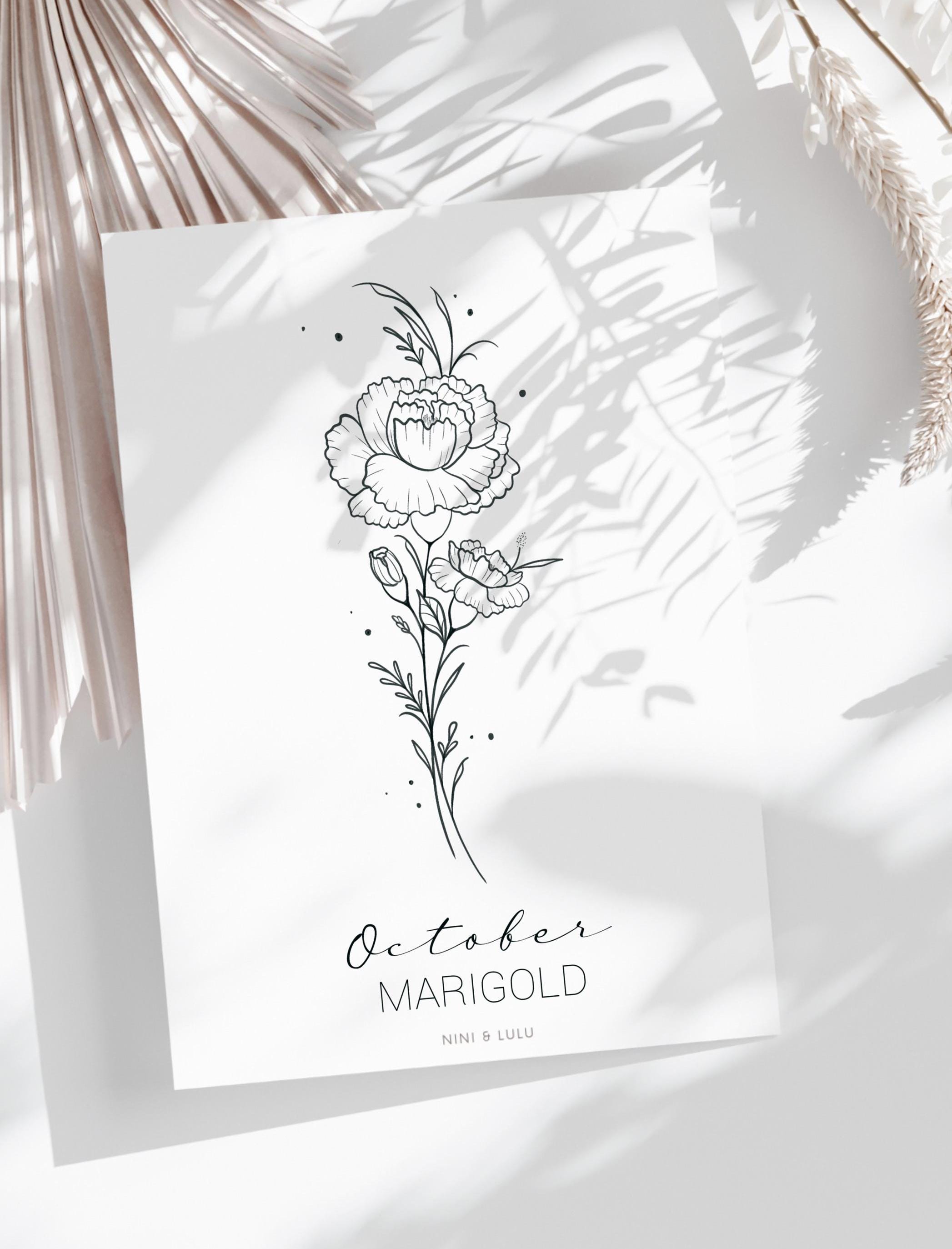 October Birth Flower Tattoo Design: Marigold Floral Art (digital ...
