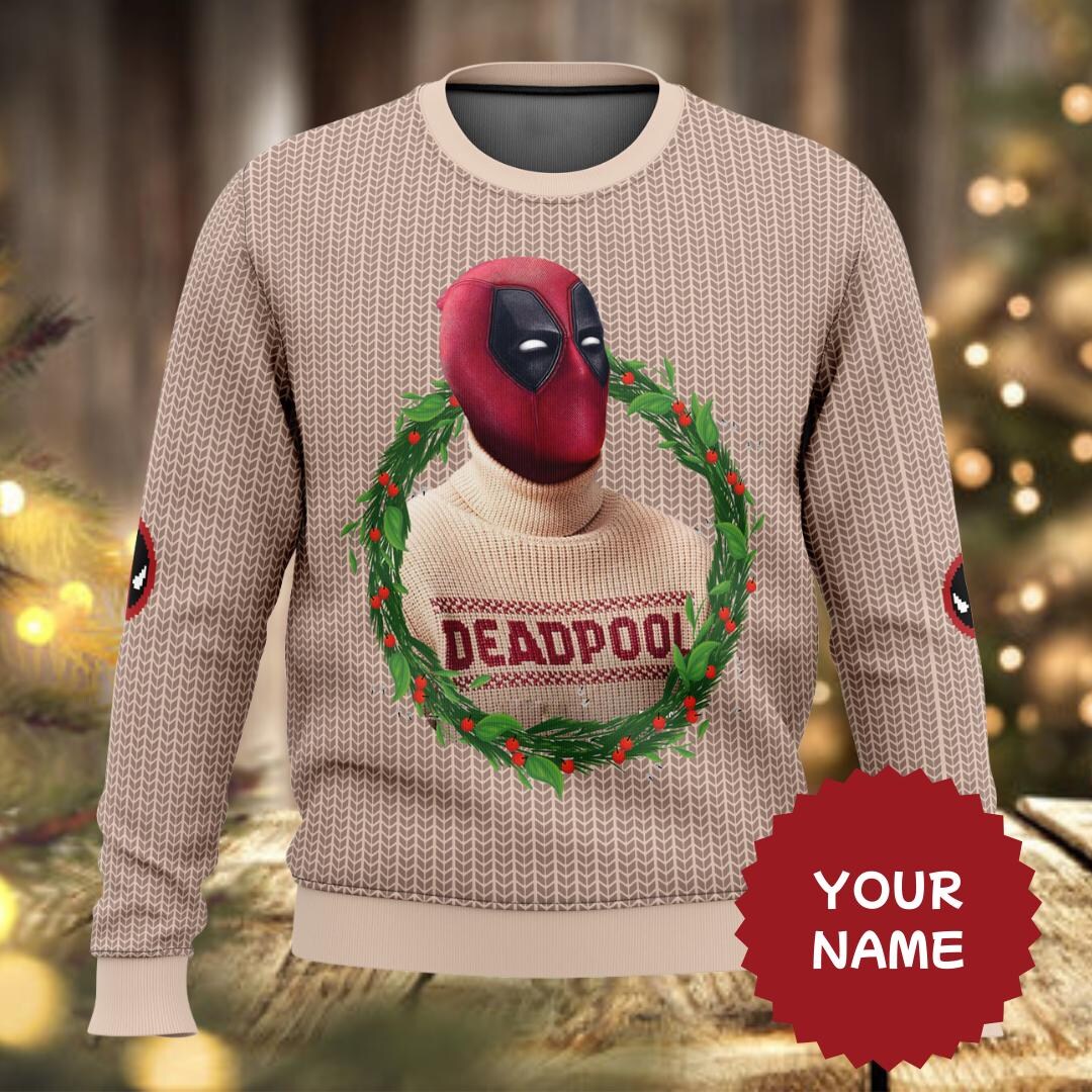 Personalized Deadpool Christmas Sweater, Beige Ugly Xmas Sweater ...