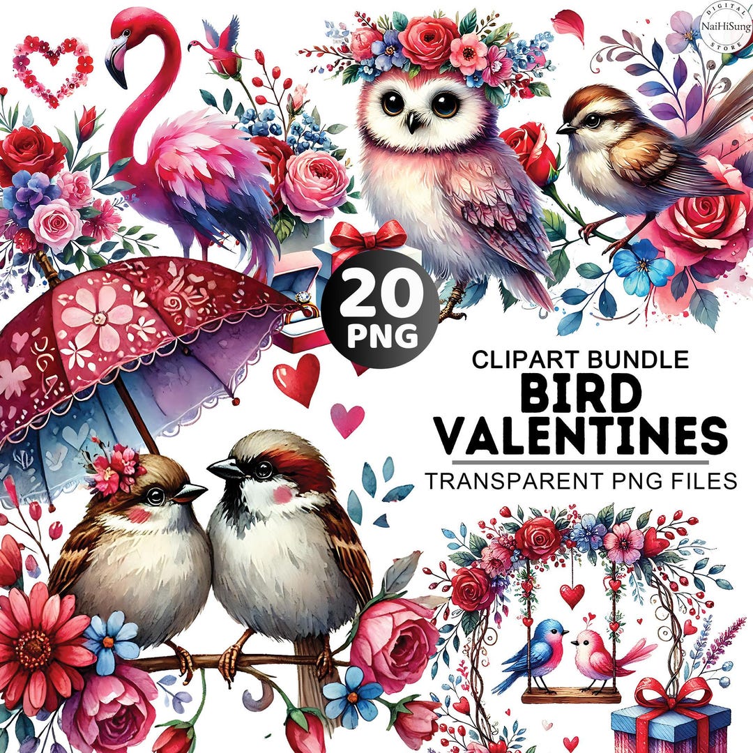 Watercolor Valentine's Day Bird Clipart, 20 PNG Cute Animal Clipart ...