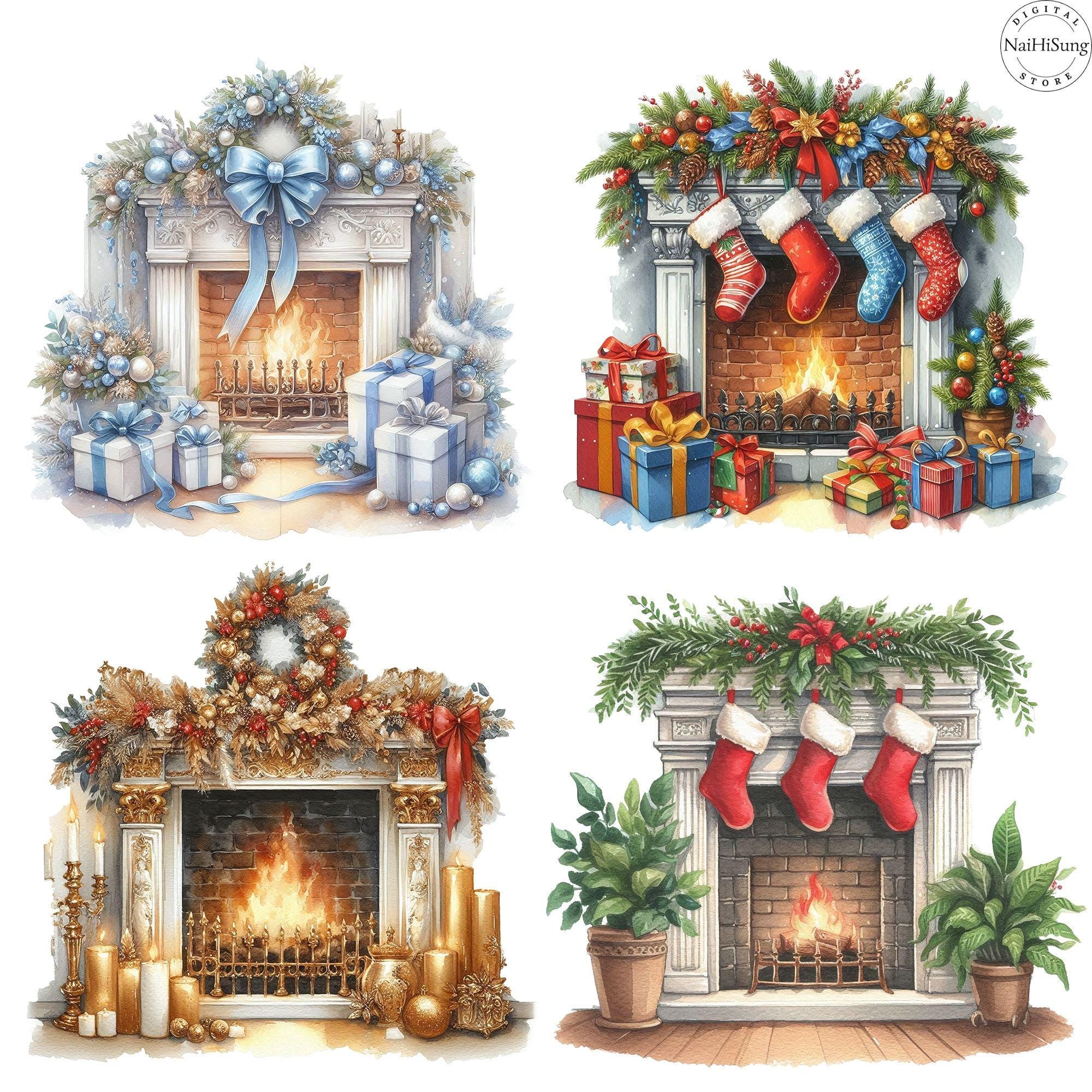 Watercolor Christmas Fireplace Clipart, Christmas PNG Cozy Christmas ...
