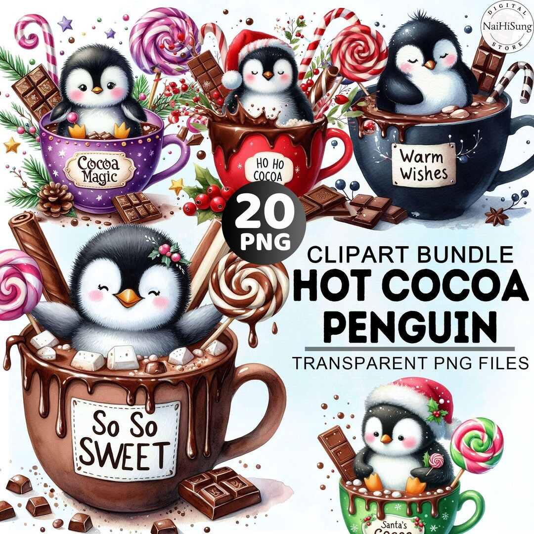Watercolor Hot Cocoa Penguin Clipart, Christmas PNG Cute Penguin ...