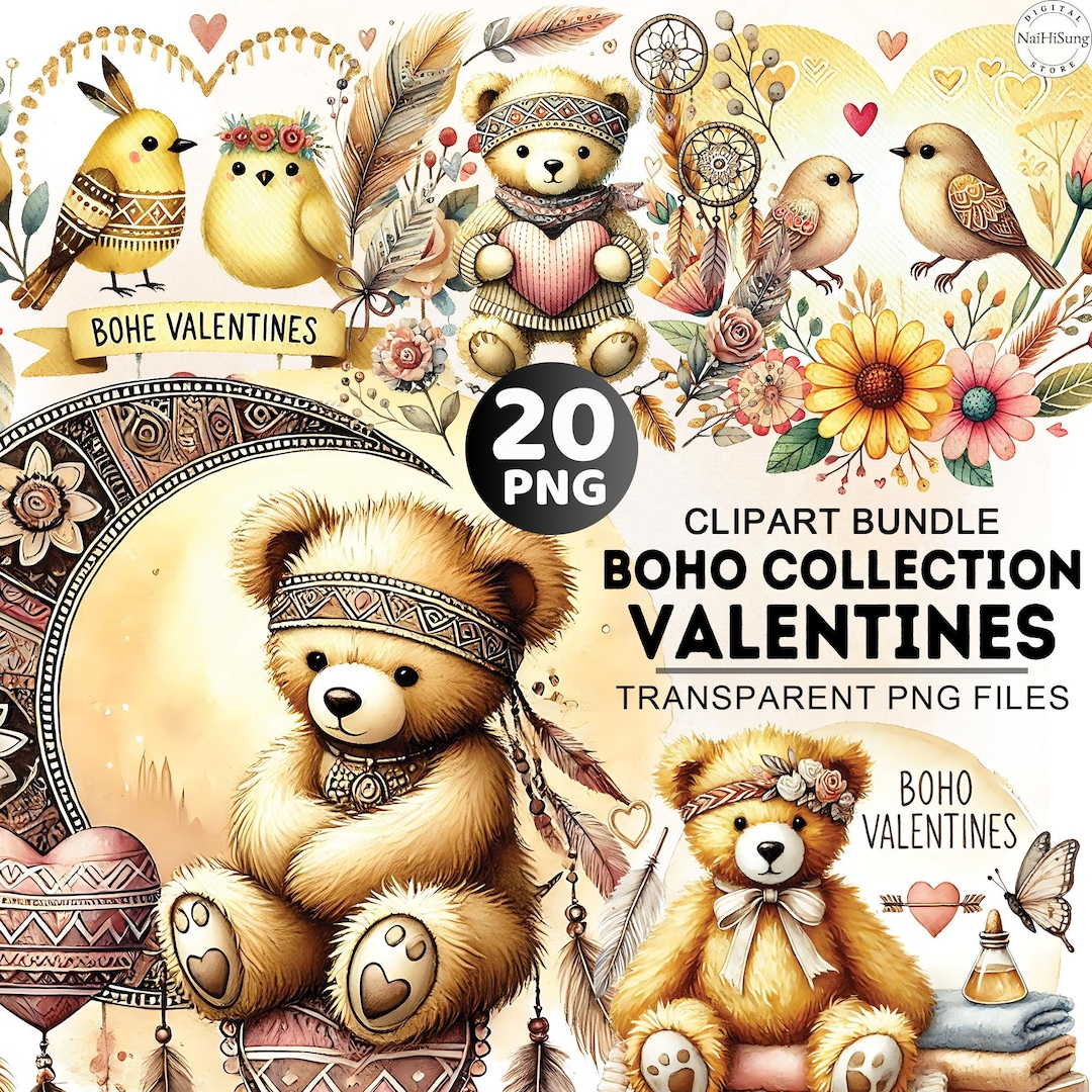 Watercolor Boho Valentines Clipart, Valentine PNG Boho Romantic ...
