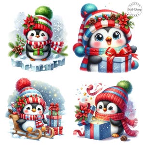 Watercolor Winter Penguin Clipart, Christmas PNG Cute Penguin Christmas ...