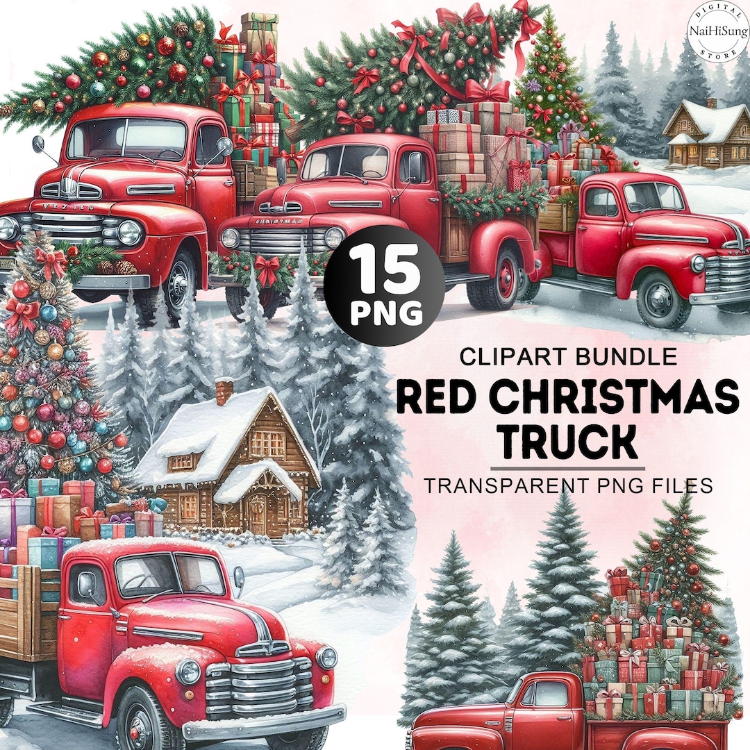Watercolor Red Christmas Truck Clipart, Christmas PNG Vintage Truck ...