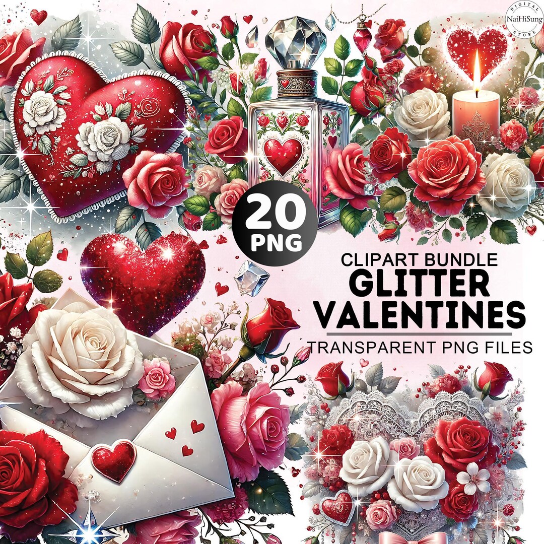 Watercolor Valentines Glitter Clipart, Valentines Day PNG Heart Glitter ...