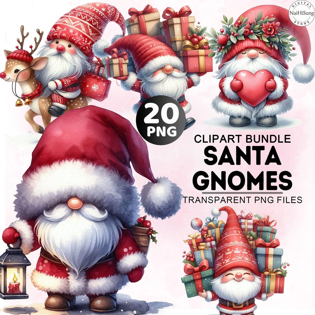 Watercolor Santa Christmas Gnomes Clipart, Christmas PNG Gnome Winter ...