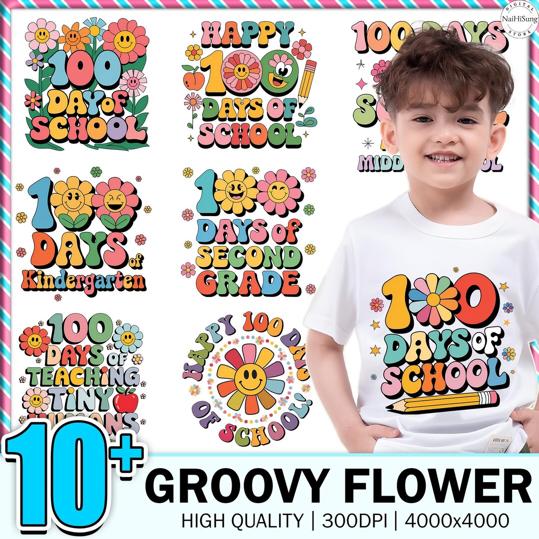 100 Days of School Groovy Flower Clipart, 10 PNG School Clipart ...