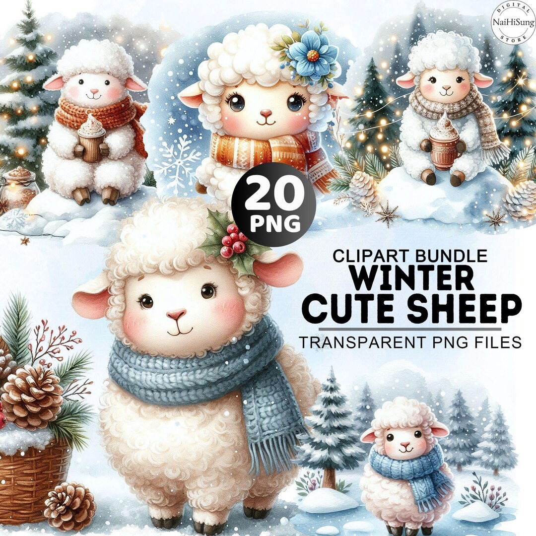 Watercolor Cute Winter Sheep Clipart, Christmas PNG Winter Animal ...
