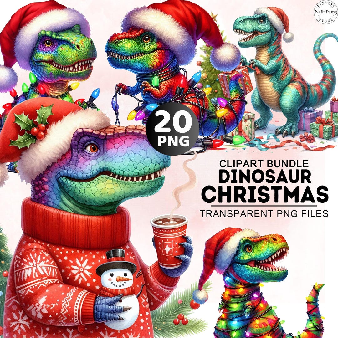 Watercolor Dinosaur Christmas Clipart, Christmas PNG Tyrannosaurus Rex ...