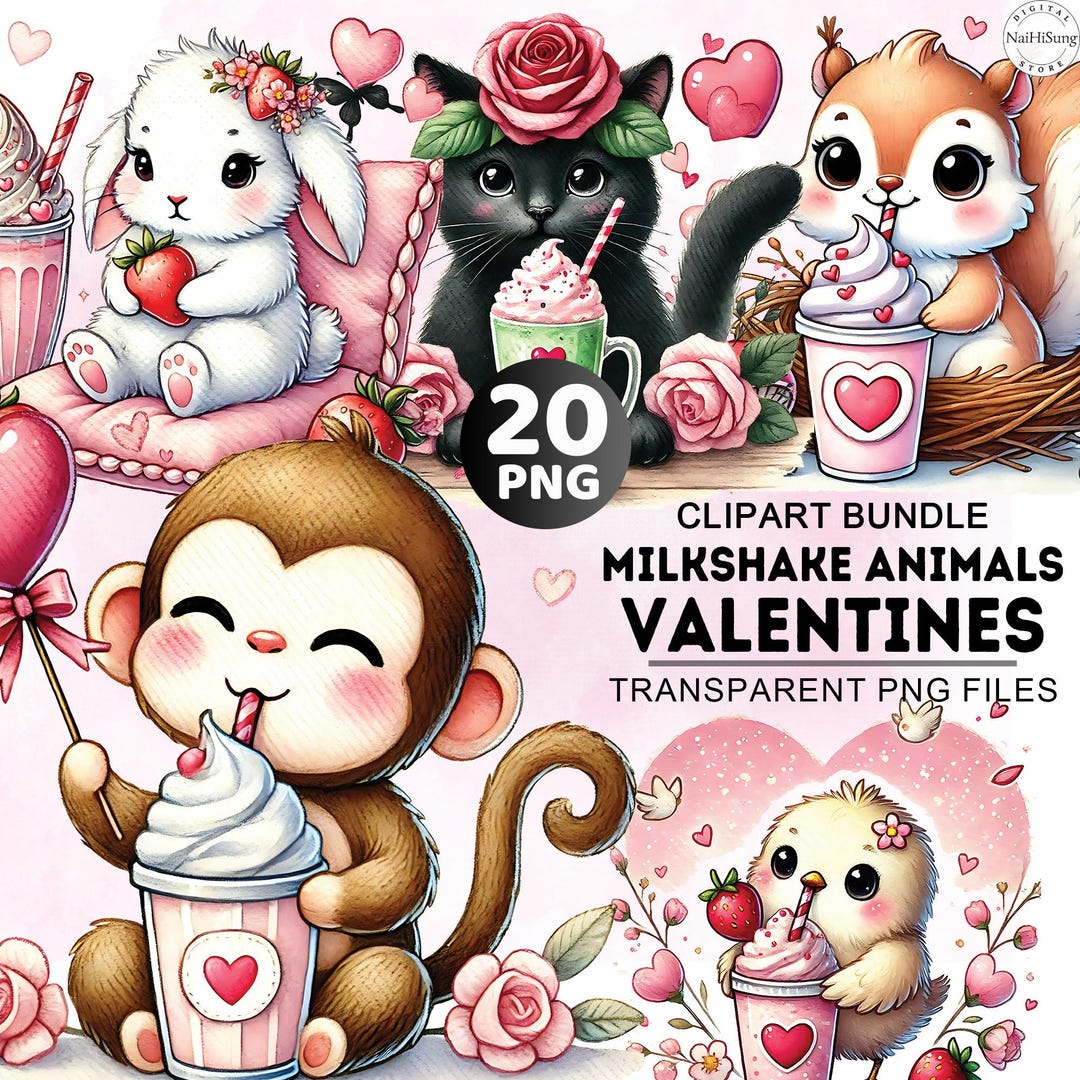 Watercolor Cute Milkshake Animals Clipart, Valentine PNG Cute Animal ...