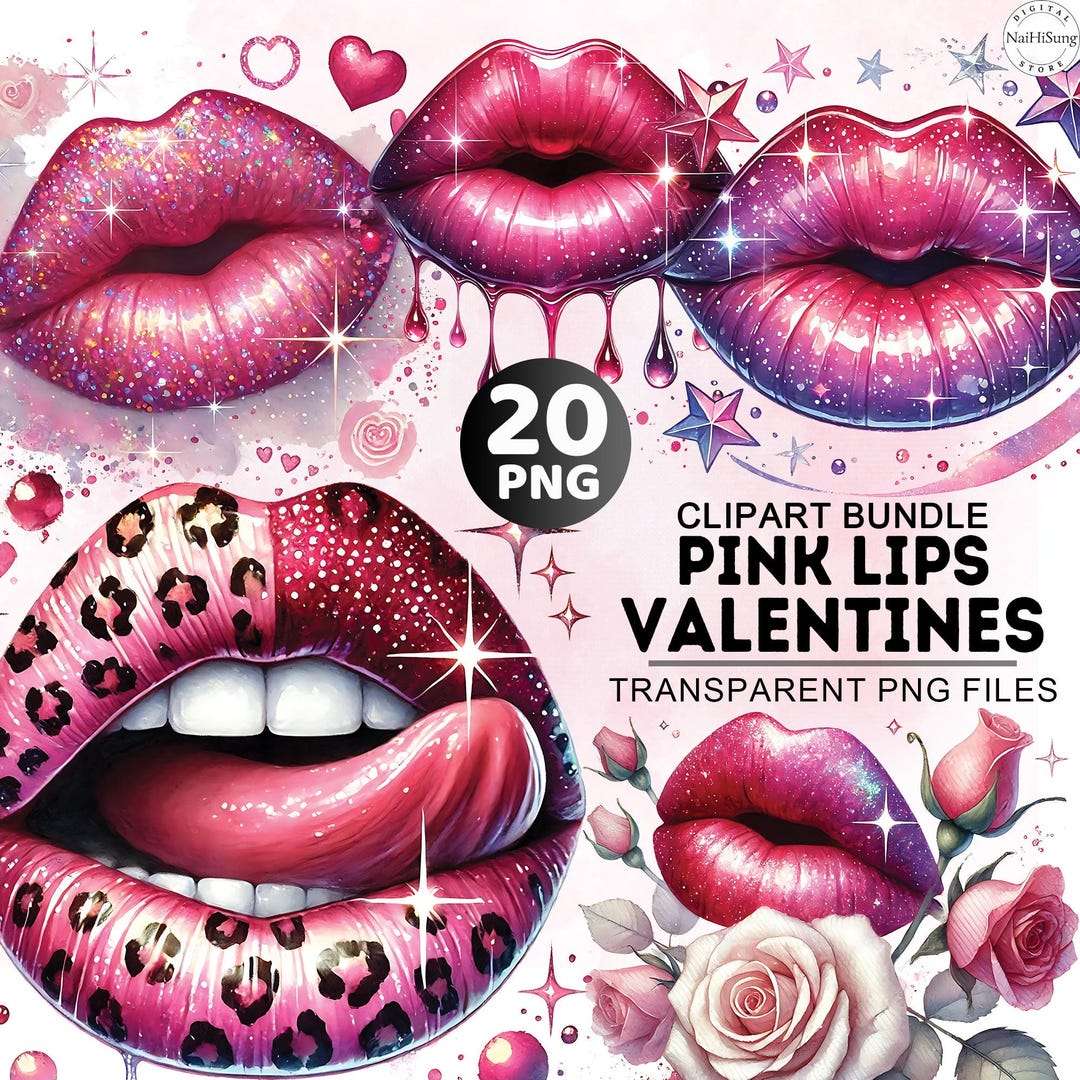 Watercolor Pink Valentines Lips Clipart, Valentine PNG Lips Glitter ...