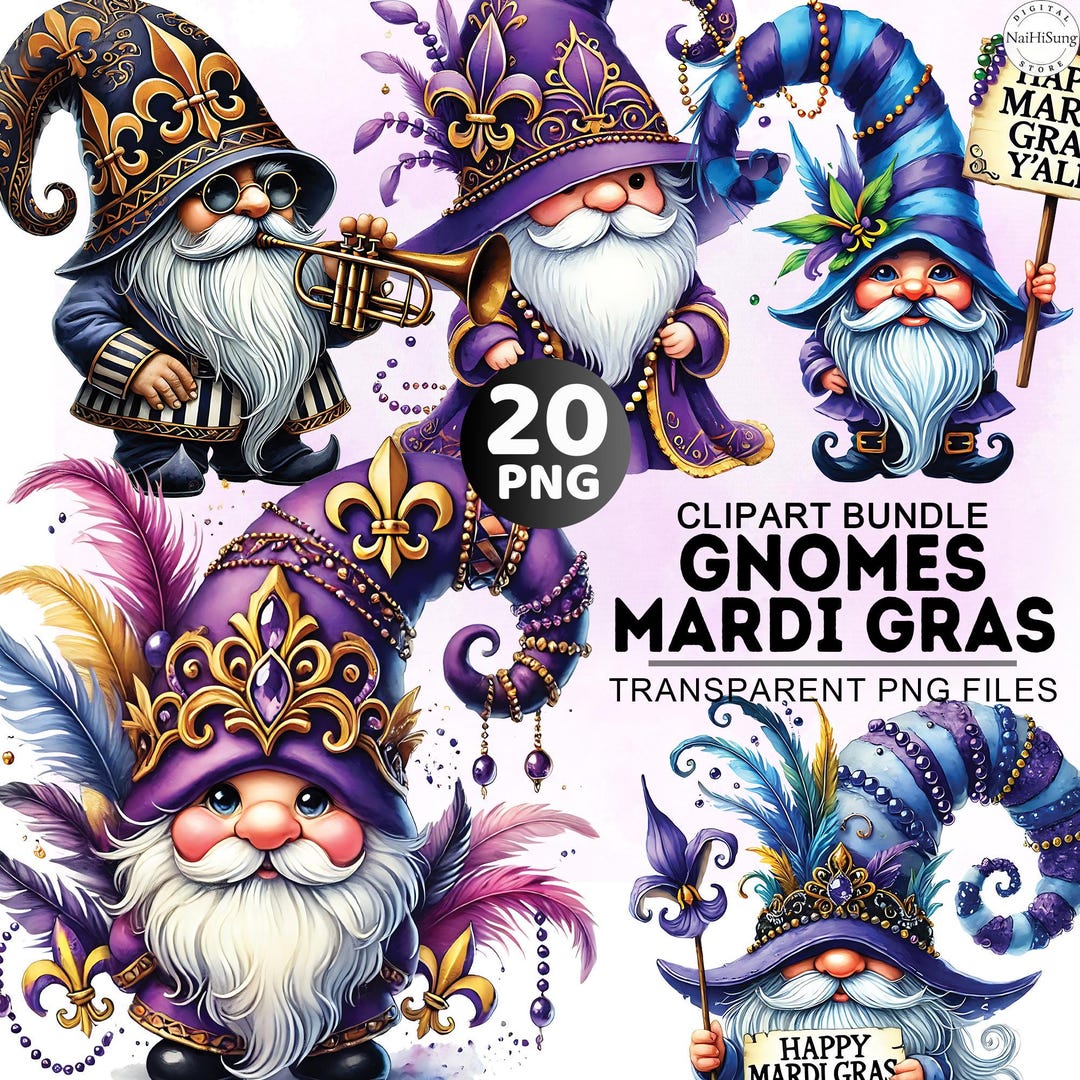 20 Festive Gnome Bundle Clipart PNG, Watercolor Mardi Gras Gnomes ...