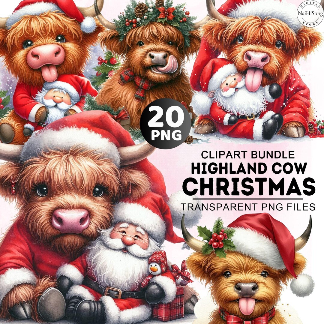Watercolor Funny Christmas Highland Cow Clipart, Christmas PNG Funny ...