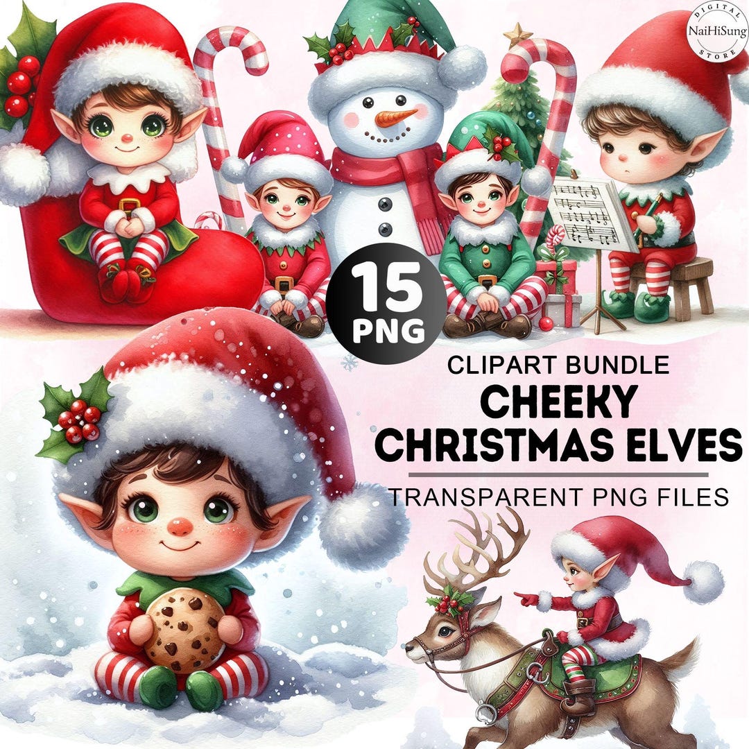Watercolor Cheeky Christmas Elves Clipart, Christmas PNG Elves Santa ...