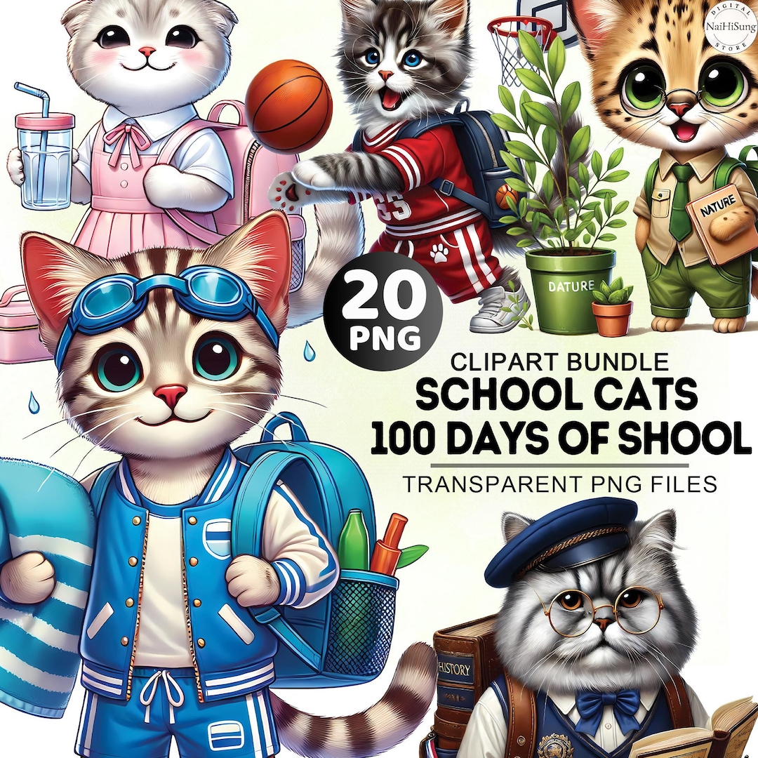 Watercolor School Cats Clipart, 20 PNG School Animals Clipart, Back to ...