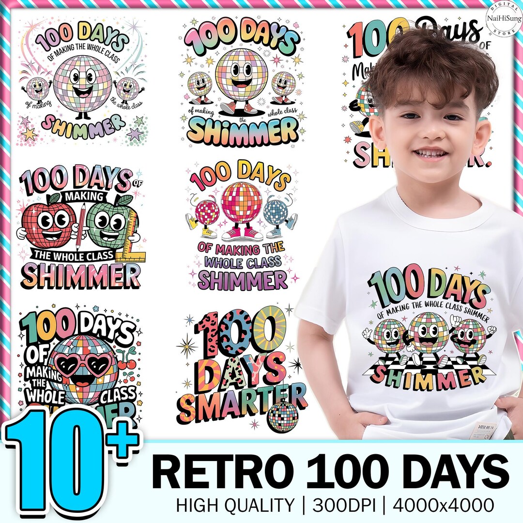 Retro 100 Days of School Clipart, 10 PNG School Clipart, Happy 100 Days ...