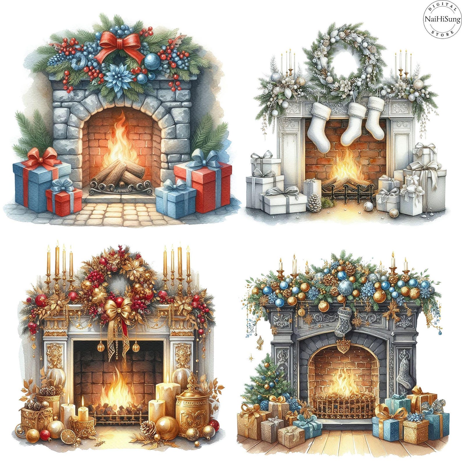 Watercolor Christmas Fireplace Clipart, Christmas PNG Cozy Christmas ...