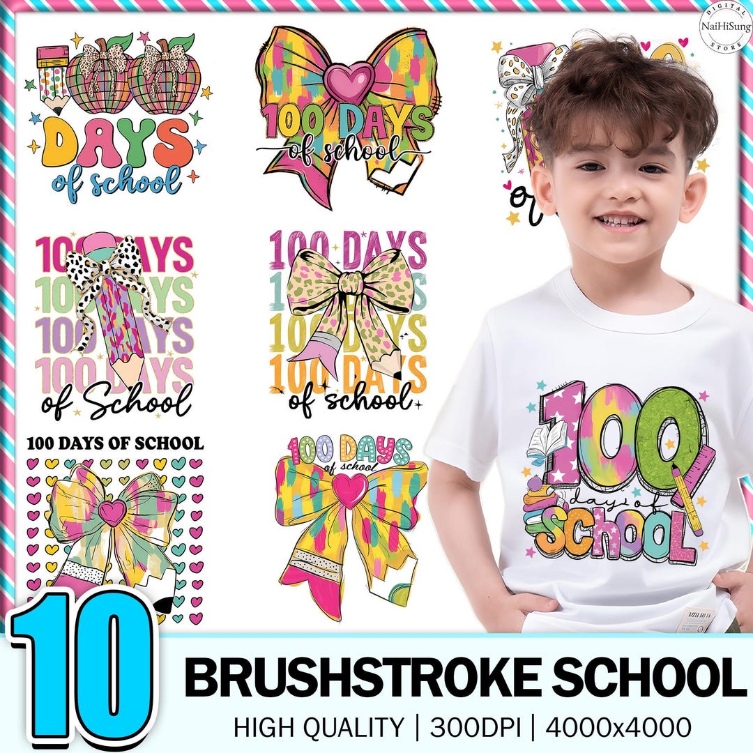 Brushstroke 100 Days of School Clipart, 10 PNG School Clipart, Happy ...