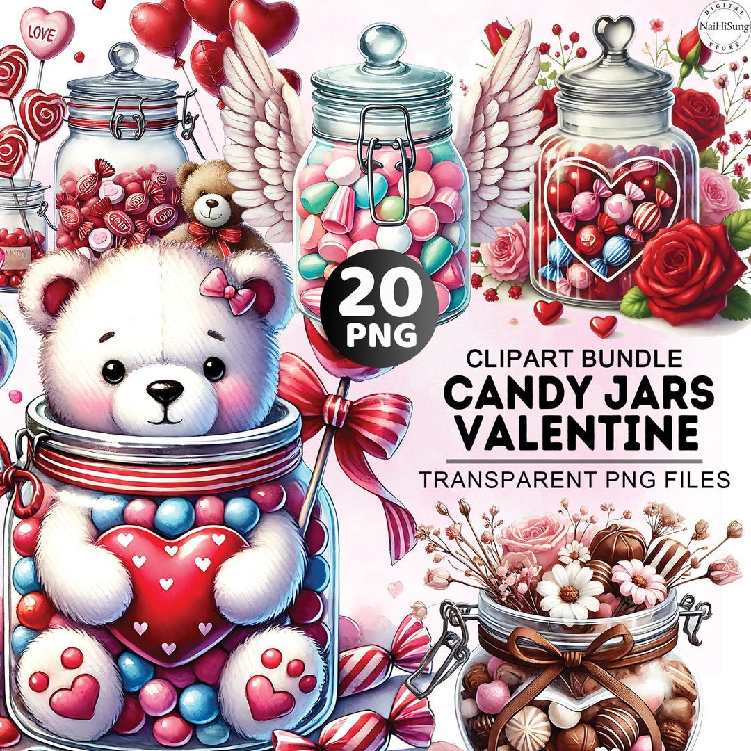 Watercolor Valentines Candy Jars Clipart, Valentine PNG Candy Jar ...