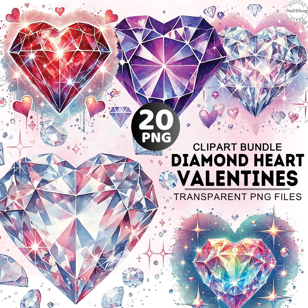Watercolor Diamond Heart Clipart, Valentine PNG Diamond Heart Glitter ...