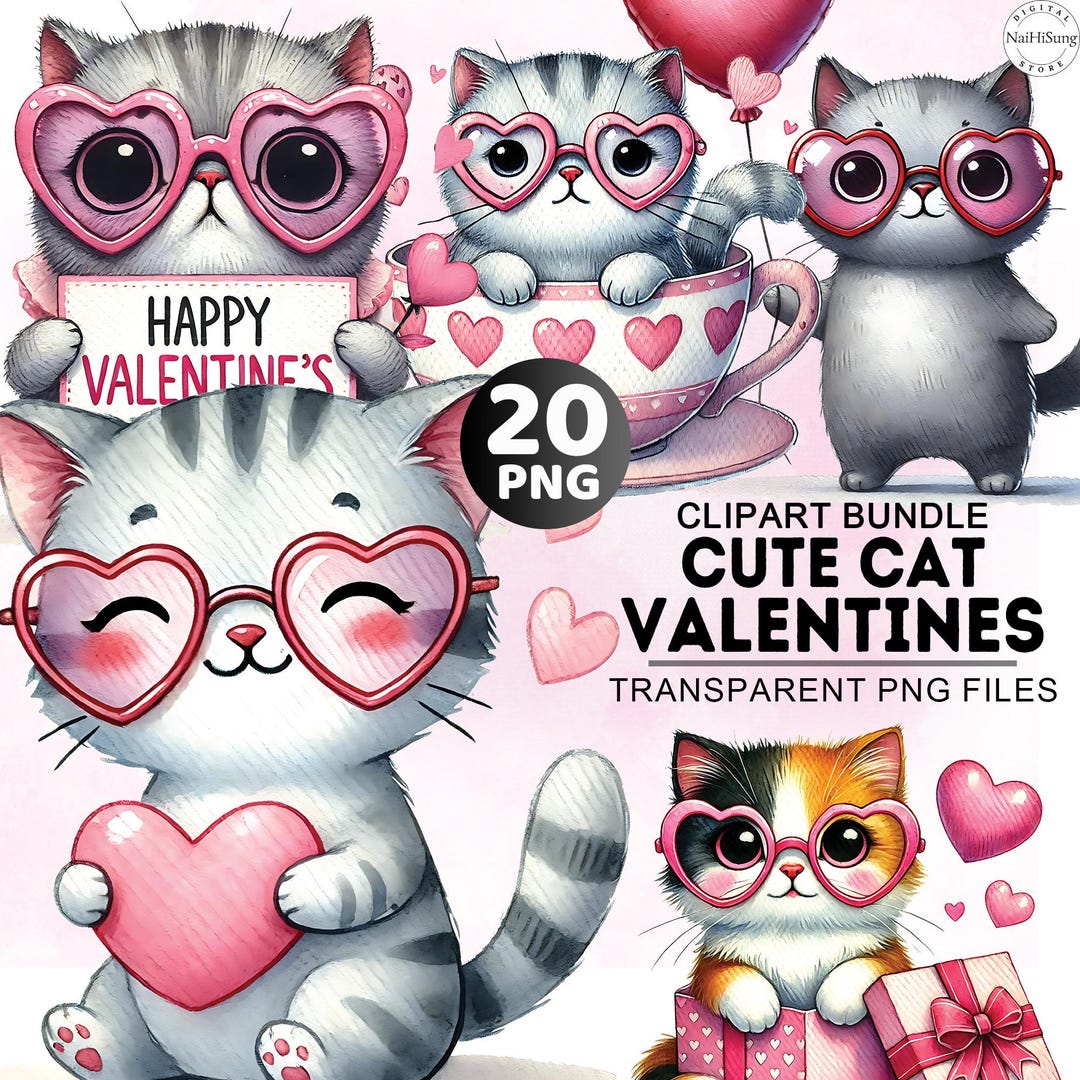 Watercolor Cute Valentine Cat Clipart, Happy Valentine Day PNG Cute Cat ...