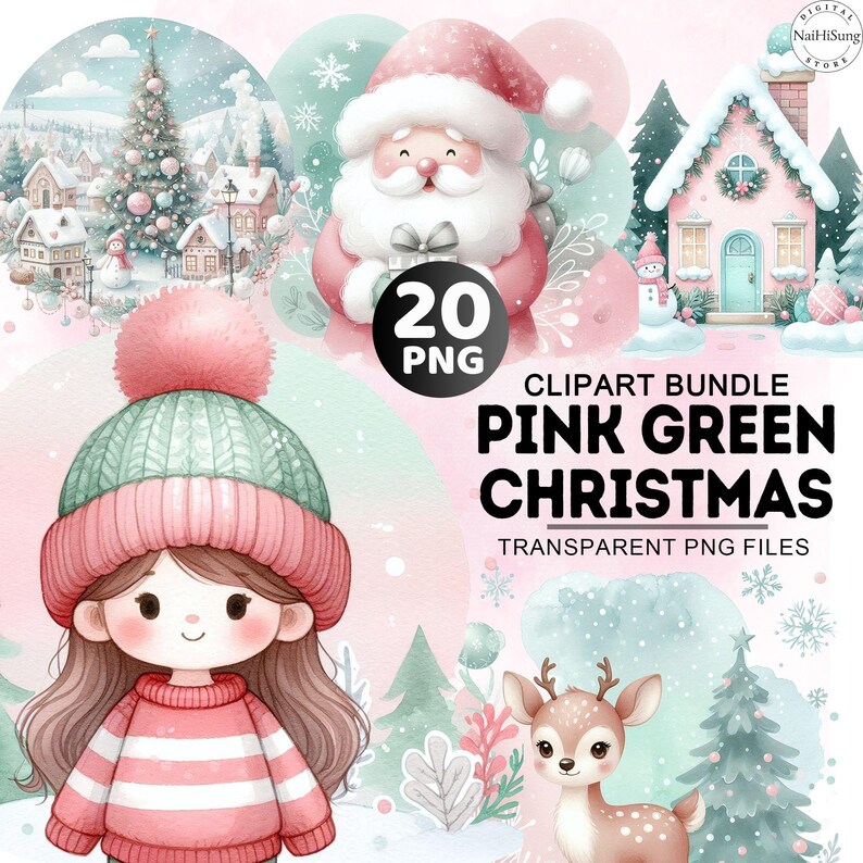 Watercolor Pink Mint Christmas Clipart, Christmas PNG Pink Green Xmas ...
